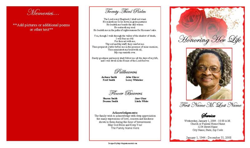 Red Rose Trifold Funeral Program Template Elegant Memorials